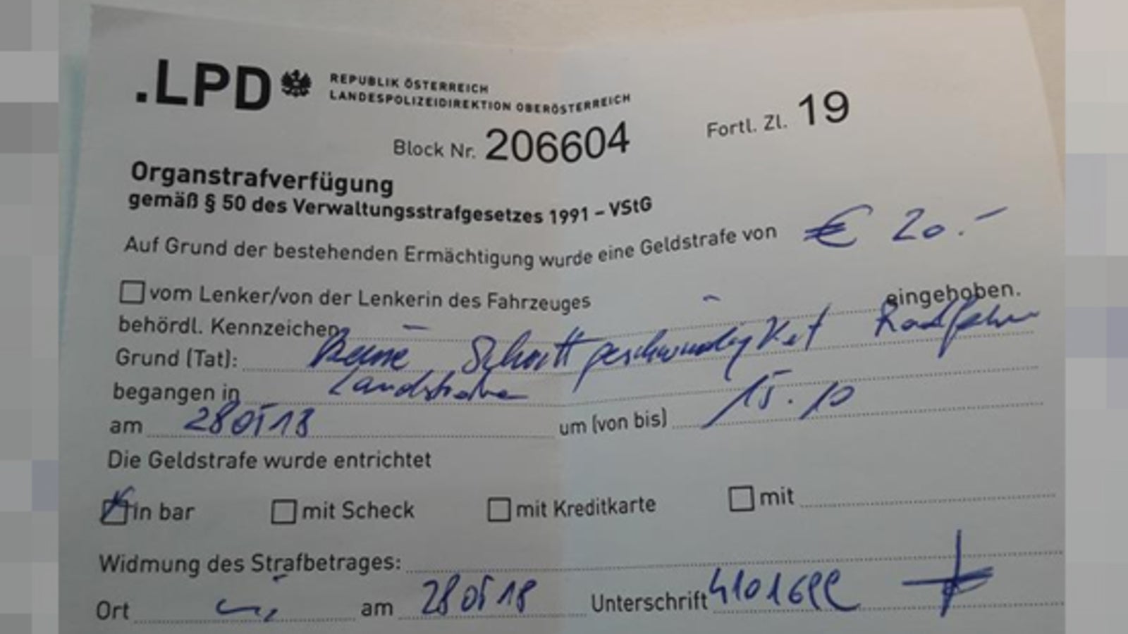 In Linz zu schnell geradelt - 20€ Strafe - oe24.at